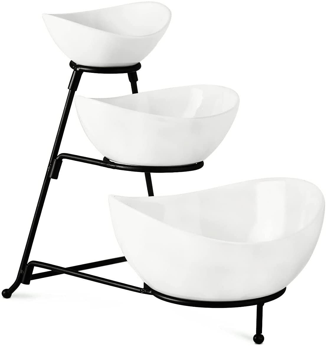 Gomakren 3 Tiered Oval Serving Bowl With Collapsible Metal Rack, Dessert Appetizer, Candy Chip Dip, Fruit, Vegetable Bowl Set, White Serving Dishes For Entertaining (Black)
