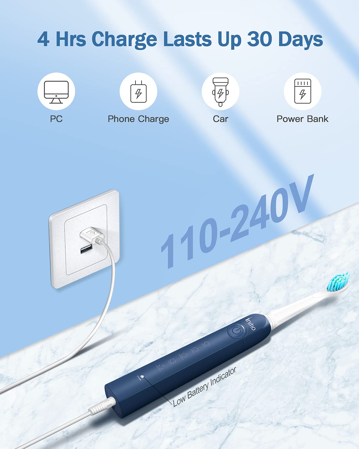 Initio Sonic Electric Toothbrush for Adults Rechargeable Toothbrush with Smart Timer 5 Modes 3 Brush Heads 40,000 VPM Motor Whitening Power Toothbrush IT959 (Navy Blue)