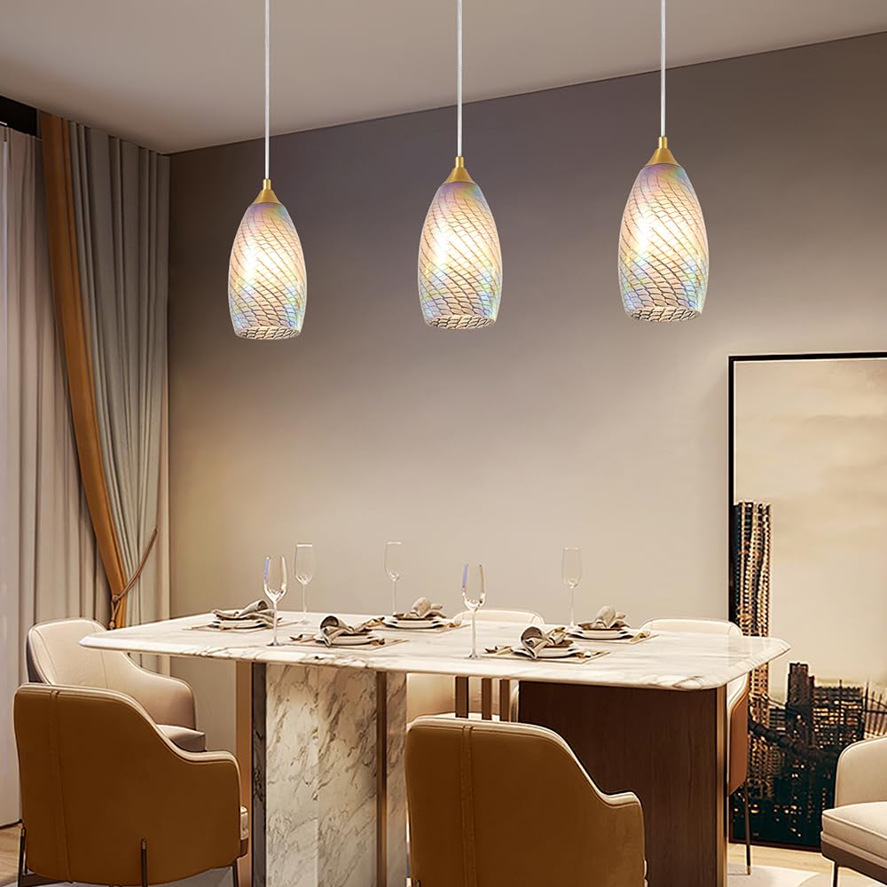 Eicrkodn Mini Glass Pendant Lights Kitchen Island, Handcrafted Blown Art Glass Ceiling Pendant Lighting with Brushed Gold Finish, Adjustable Cord Pendant Lights for Hallway,Dining Room, 3 Pack