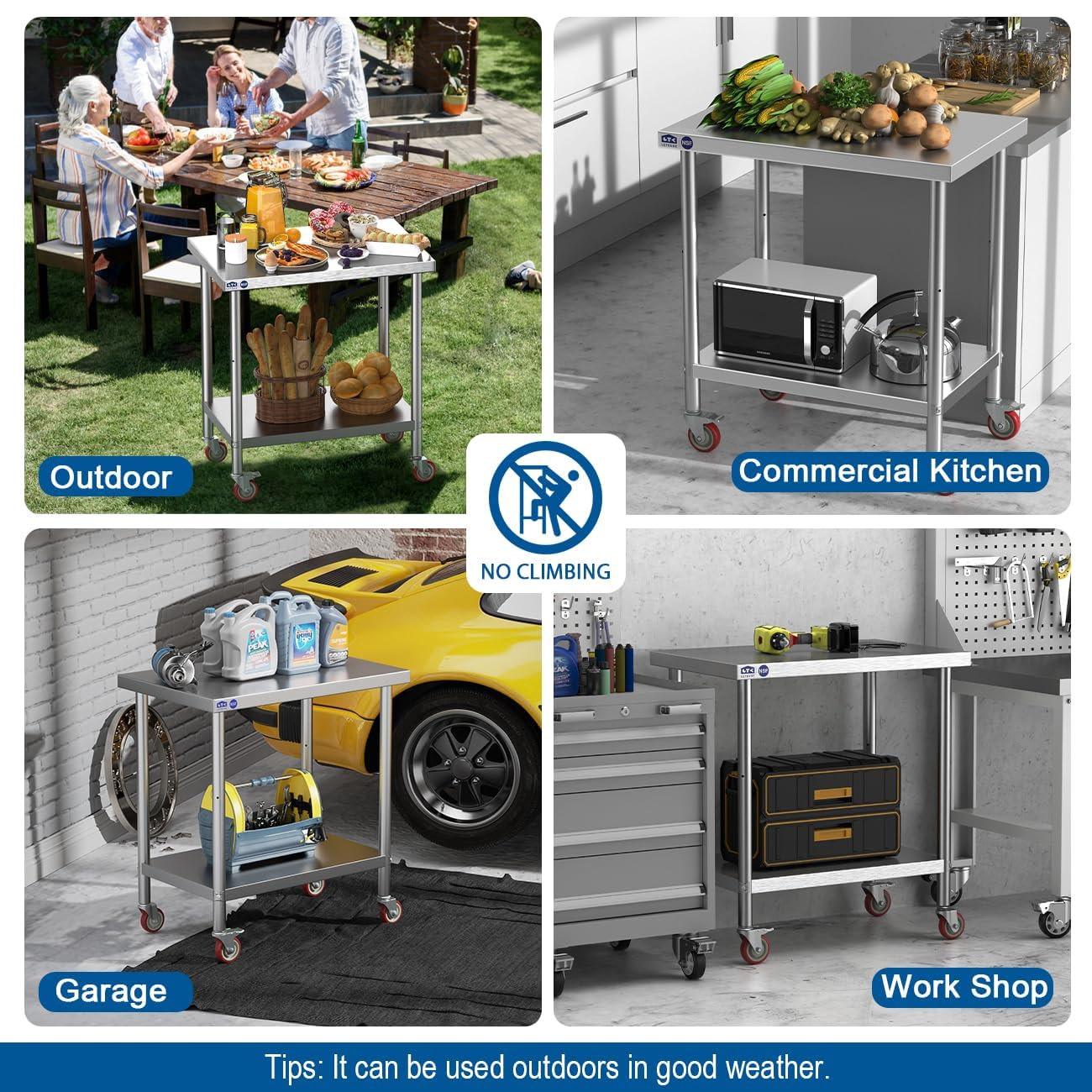 Leteuke Stainless Steel Prep Table, NSF Metal Work Table, SUS201 Commercial Heavy Duty Table with Adjustable Undershelf, Food Prep Table with Wheels for Restaurant Kitchen - 36" x 24" x 37"