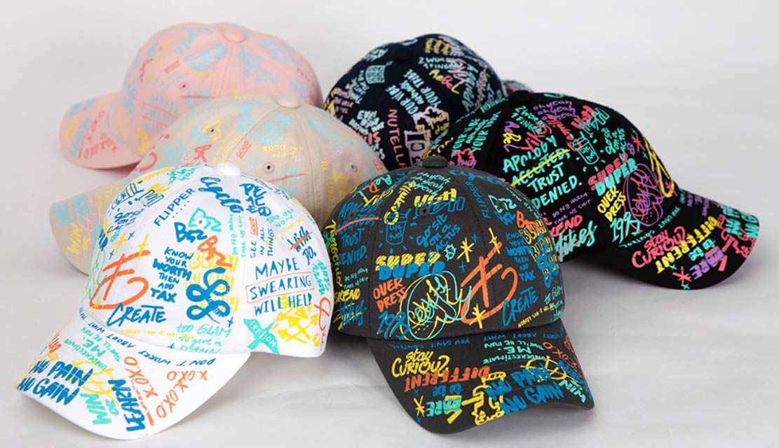 Flipper New Version of Designer Multi Colors Doodle Sketch Graffiti Cotton Baseball Cap K-pop Korean Dad Hat, (White, Large ~ X-Large (23 1/8" ~ 23 7/8"))