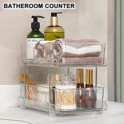 shopwithgreen 2 Tier Clear Organizers and Storage with Dividers, Pull Out Under Sink Organizer, Multi-Purpose Drawer Basket, Kitchen Bathroom Countertop Vanity, Medicine Cabinet Office Storage Bins