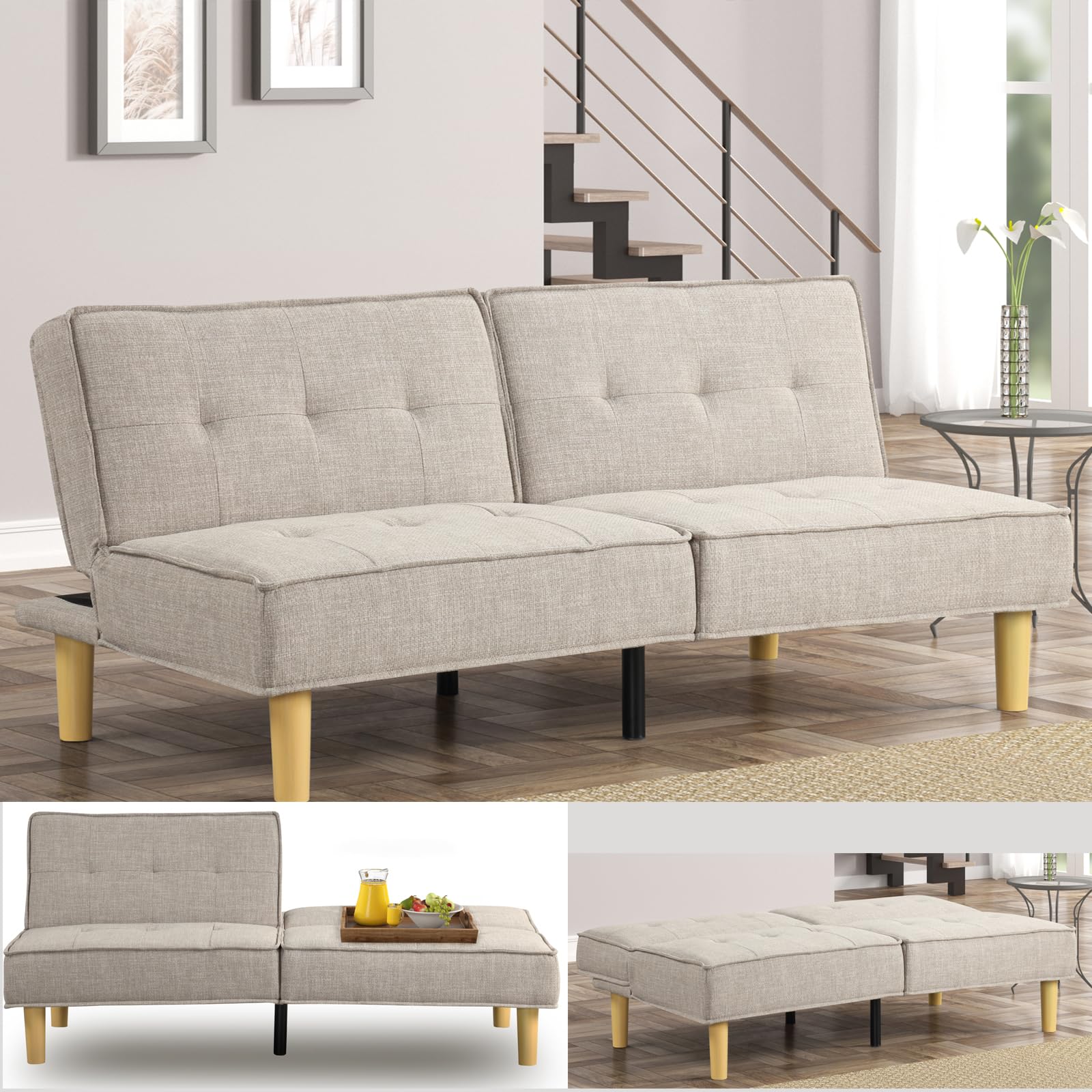 KORZEY Futon Sofa Couch Bed, Loveseat Sofa Sleeper Couches with Mattress for Bedroom, Living Room Apartment, Dorm, Small Mini Saving Space Lounge Convertible Sofa Bed, Beige Linen Fabric