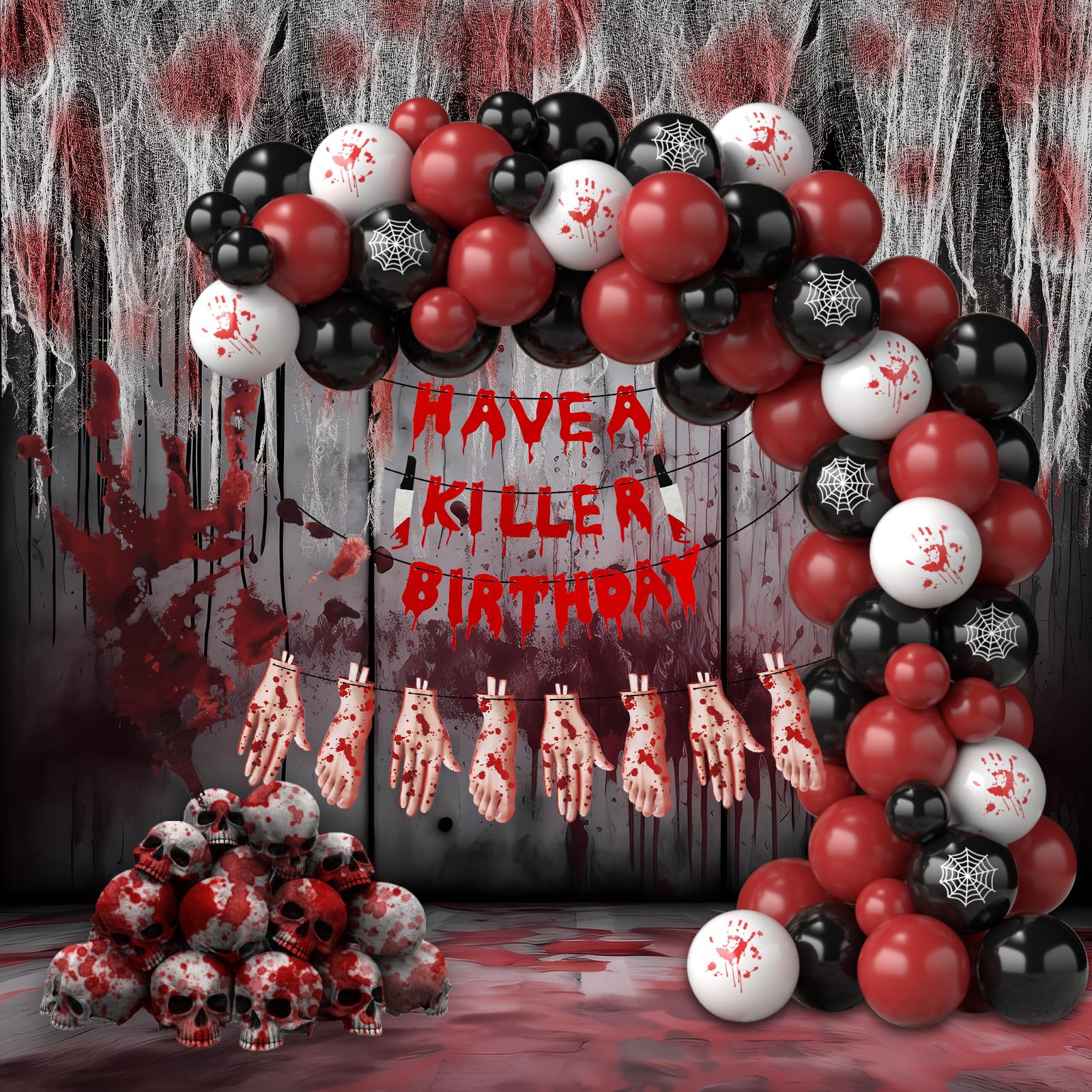 Halloween Balloon Garland with Creepy Cloth & 2 Style Banner - Black Red and Bloody Hand Print White Balloons Different Sizes Balloon Arch Kit for Halloween Scary Birthday Party Decorations Supplies