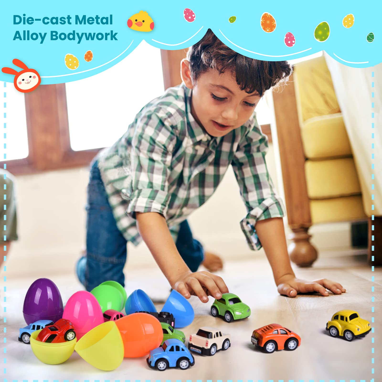 FUN LITTLE TOYS 12 PCs Easter Eggs Prefilled with Pull Back Cars for Kids, Toy Vehicles Easter Party Favors Easter Basket Stuffers, Easter Egg with Toys Inside for Fillers Egg Hunt Classroom Prizes