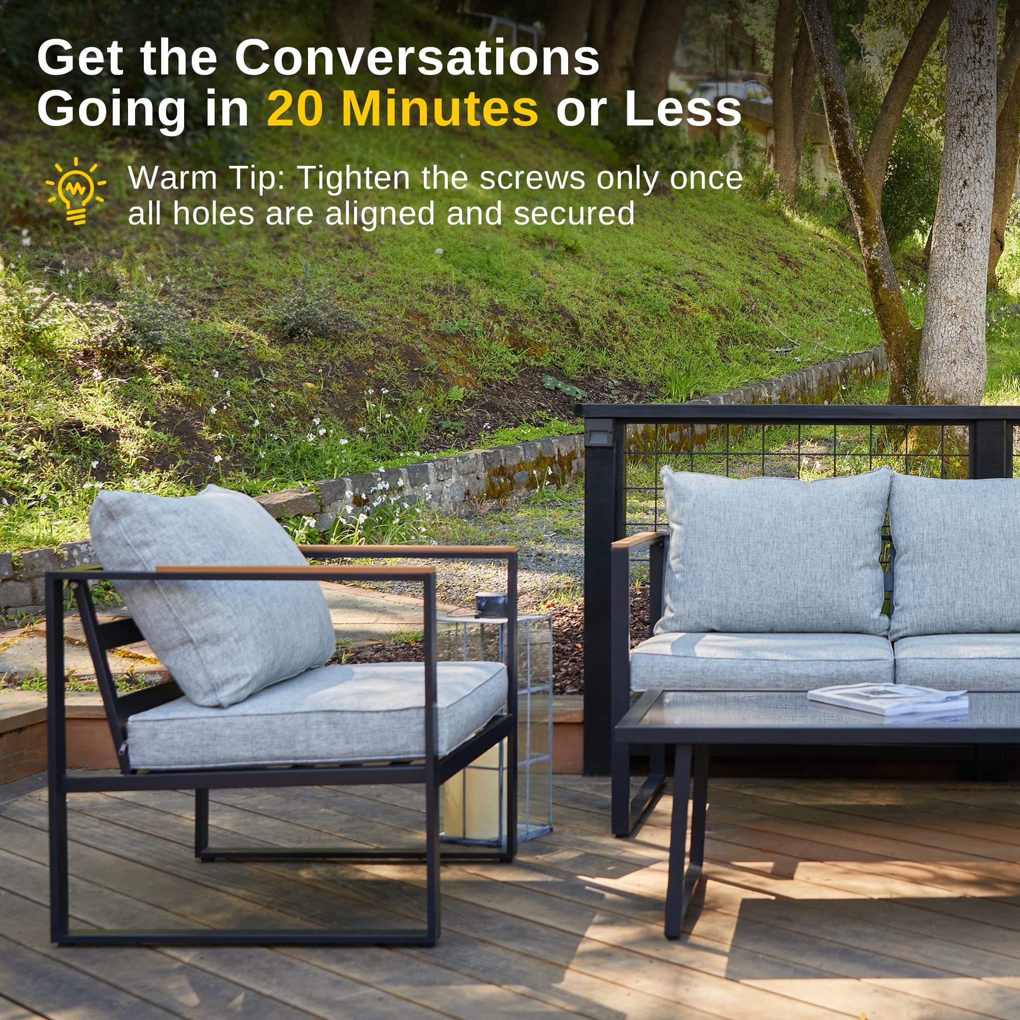 EAST OAK Courtyard Patio Furniture Set, 4-Piece Outdoor Patio Set with Sofa, Removable & Washable Deep Seating Cushion, Tempered Glass Table, Outside Patio Conversation Sets, Black & Light Grey