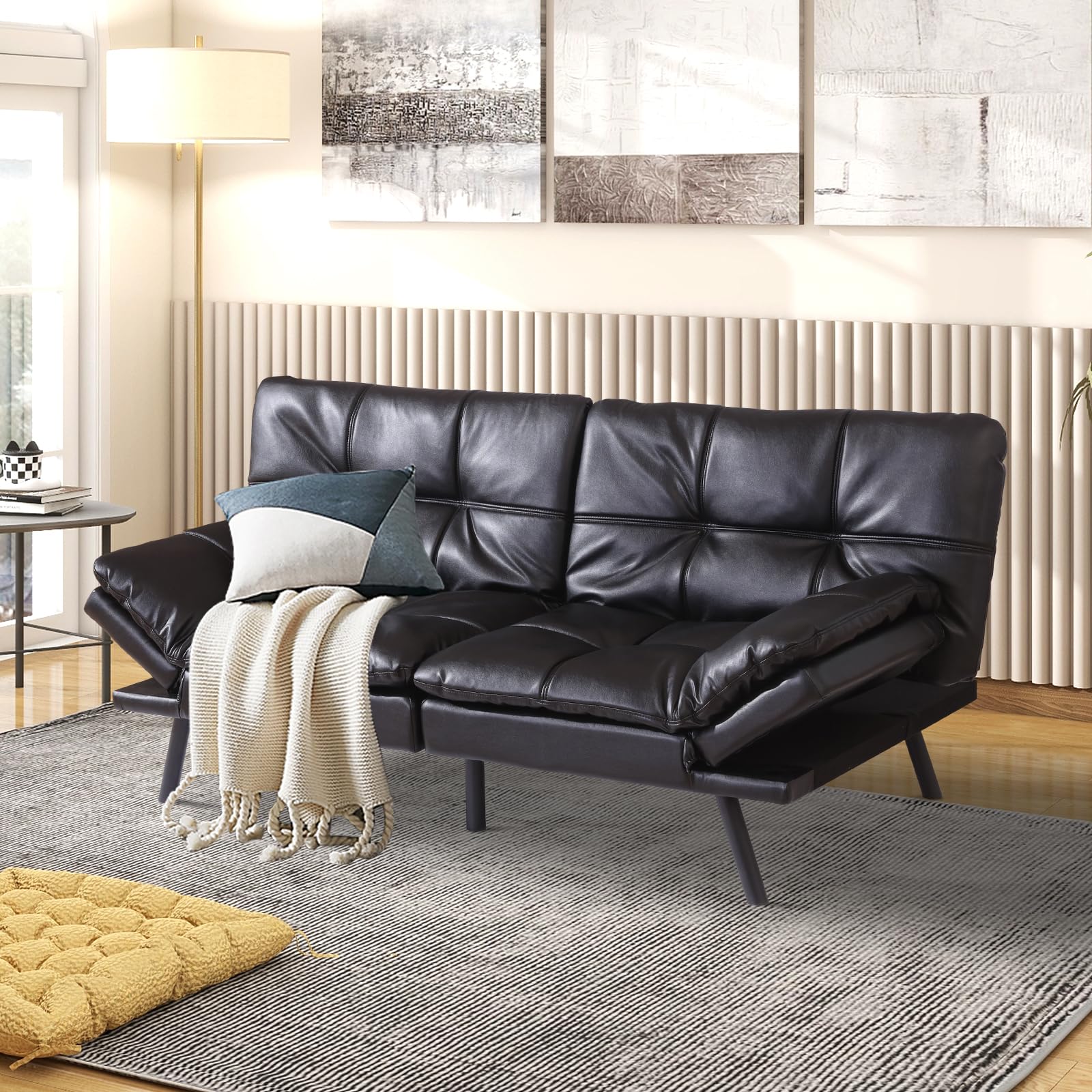 MUUEGM Faux Leather Memory Foam Convertible FoldIing Futon Sofa Bed, Modern Lounge Sofa with Adjustable Backrest Armrests, Futon Couch for Living Room with Loveseats in Black.(Leather,Black)