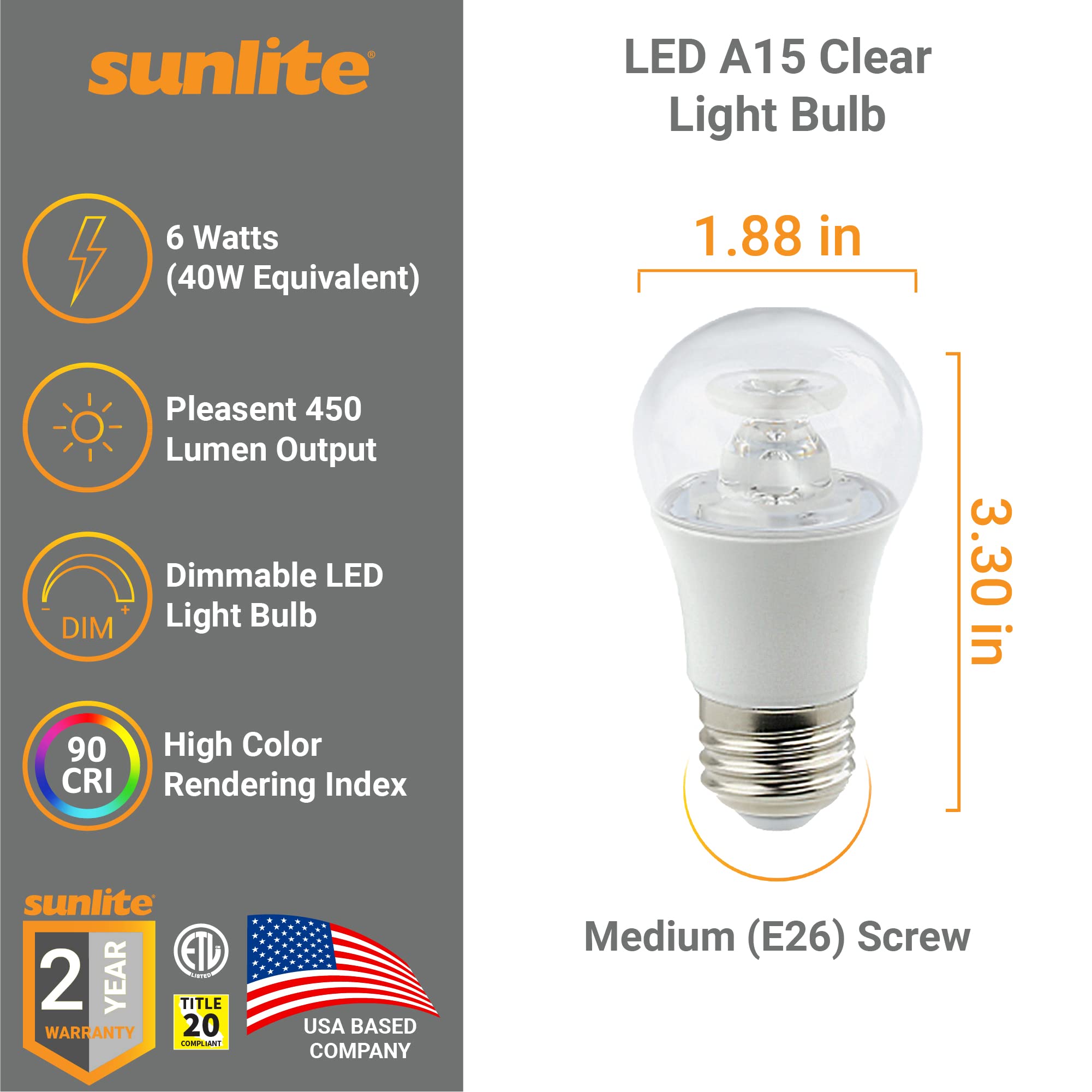 Sunlite 45162 LED A15 Appliance Clear Light Bulb, 6 Watts (40W Equivalent), 450 Lumens, Medium Base (E26), 90 CRI, Dimmable, ETL Listed, Ceiling Fan, Title-20 Compliant, 3000K Warm White, 6 Count
