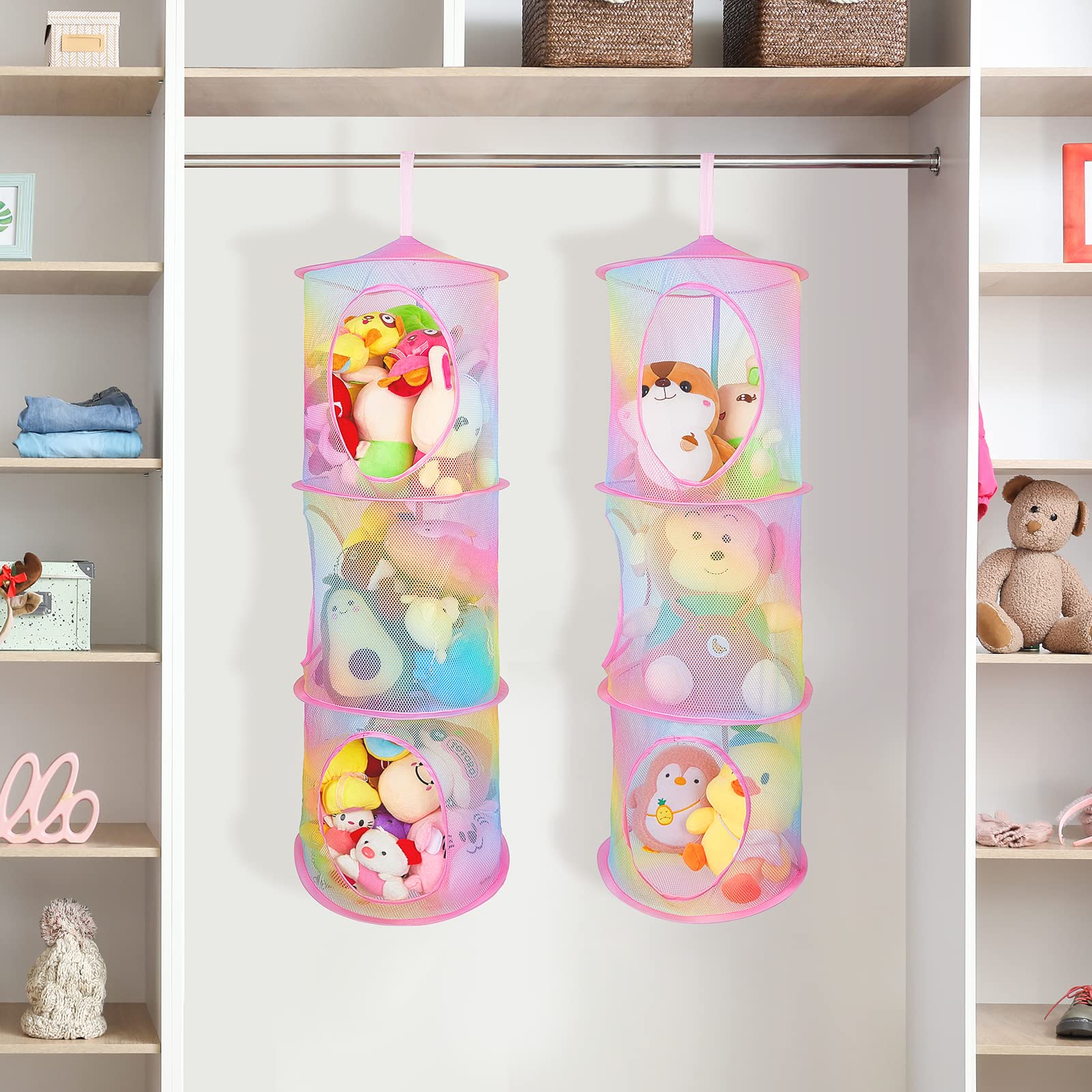 FIOBEE Stuffed Animals Hammock Net Toy Storage 2 Pack Hanging Stuffed Animals Organizer Holder Mesh Toy Organizer with 3 Compartments for Girls Room Closet Kids Playroom