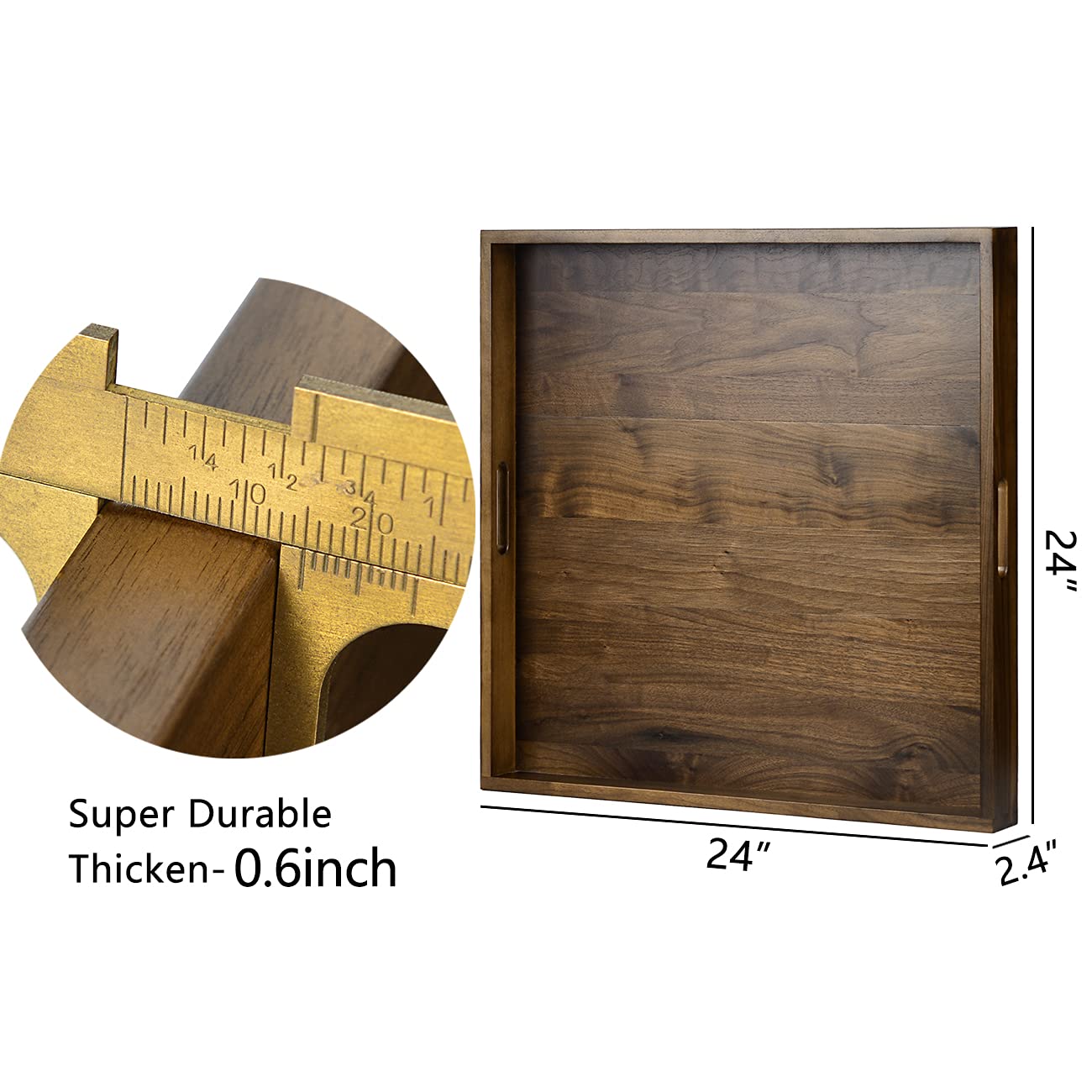 KINGCRAFT 24 x 24 inches Black Walnut Extra Large Ottoman Tray Wood Trays with Handles Square Wooden Solid Serving Tray for Oversized Ottoman Living Room