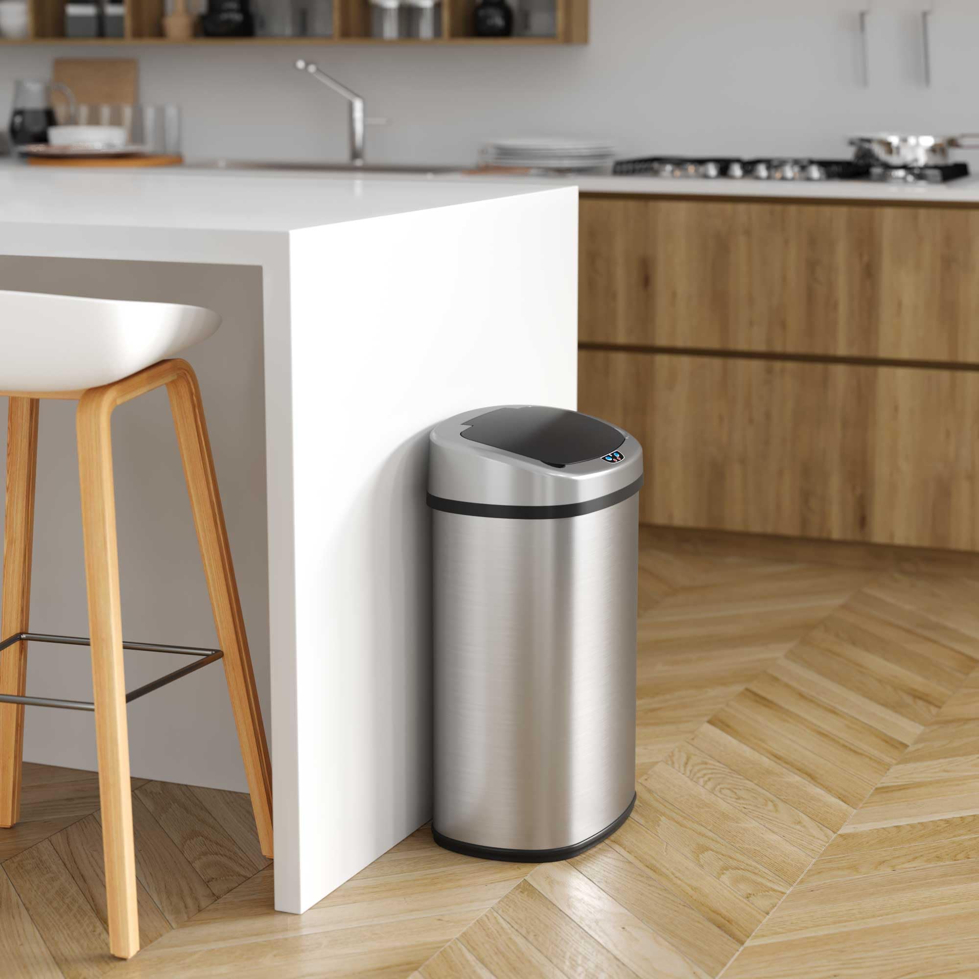SensorCan 13 Gallon Touchless Sensor Odor Control System, Stainless Steel Oval Shape Automatic Garbage Bin, Base Model Trash Can