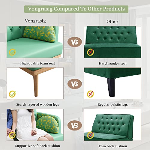 LEVNARY 56-inch Loveseat Small Couch, Modern Technology Cloth Sofa with Upholstered Back, Accent Comfy Tufted Couch with Throw Pillows and Solid Wood Legs for Compact Space Apartment (Green)