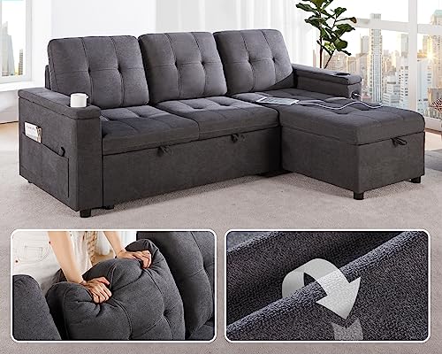 VanAcc Sofa Bed, Modern Tufted Convertible Sleeper Sofa, USB Charging Ports & Cup Holders, Pull Out Couch Bed with Storage Chaise, Chenille Couches for Living Room (Dark Grey)