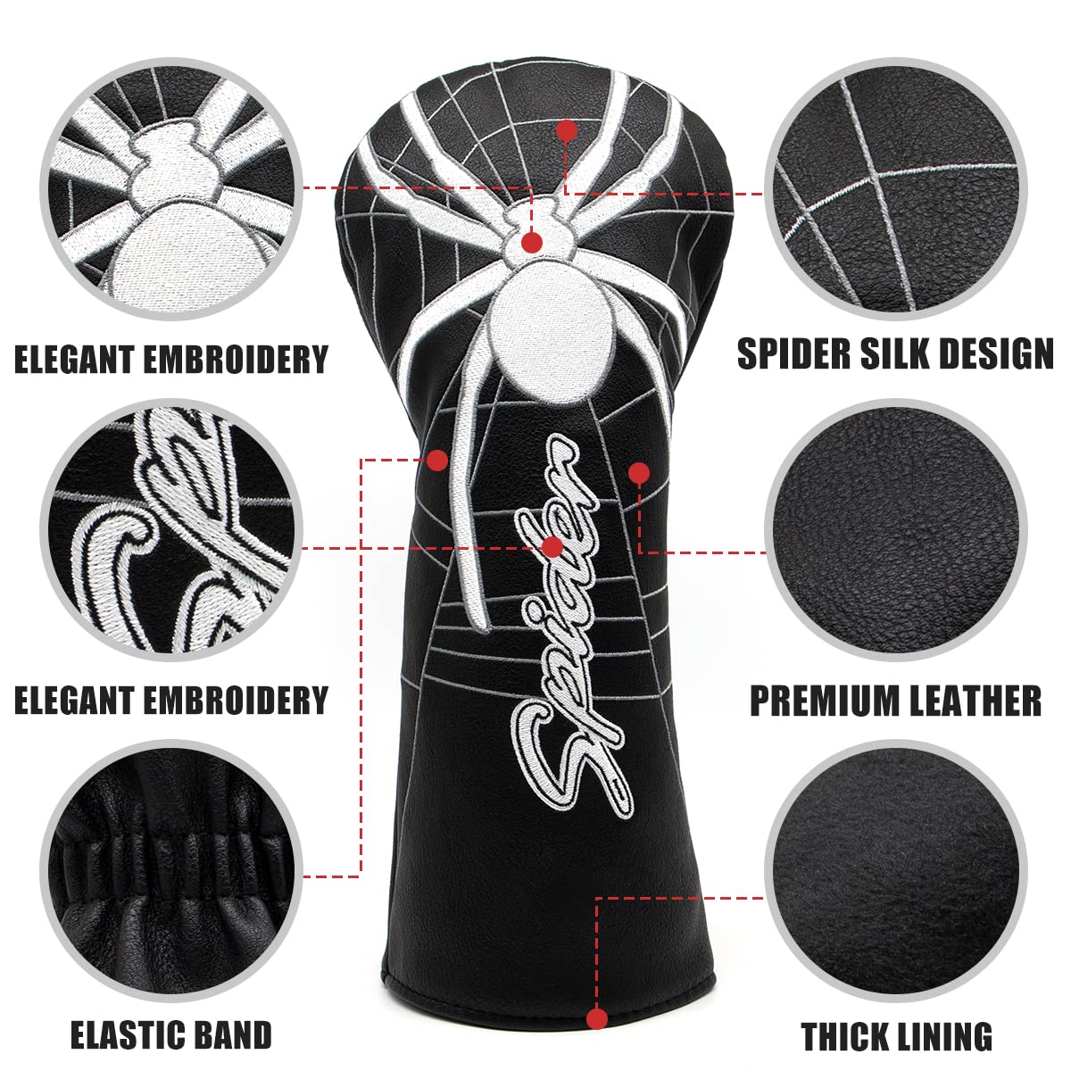 Golf Headcovers Golf Club Black Leather Spider Head Covers Set Fits Driver Fairway Wood Hybrid(UT with Number Tag (Driver)