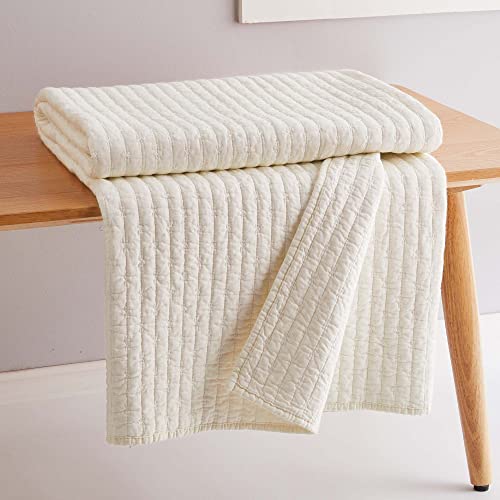 Levtex - Cross Stitch - Quilted Throw - 50x60in. - 100% Cotton - Reversible Pattern - Cream Quilted Throw with White Stitching