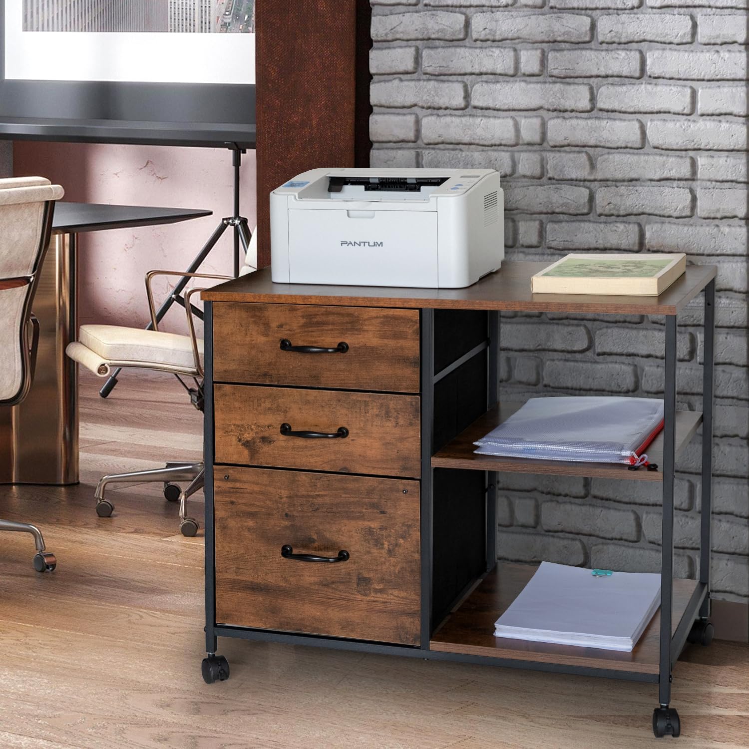 Finnhomy 3-drawer Mobile File Cabinet for Home Office, Fabric Lateral Filing Cabinet with Wooden Board, Printer Stand with Open Storage Shelves fits A4 or Letter Size