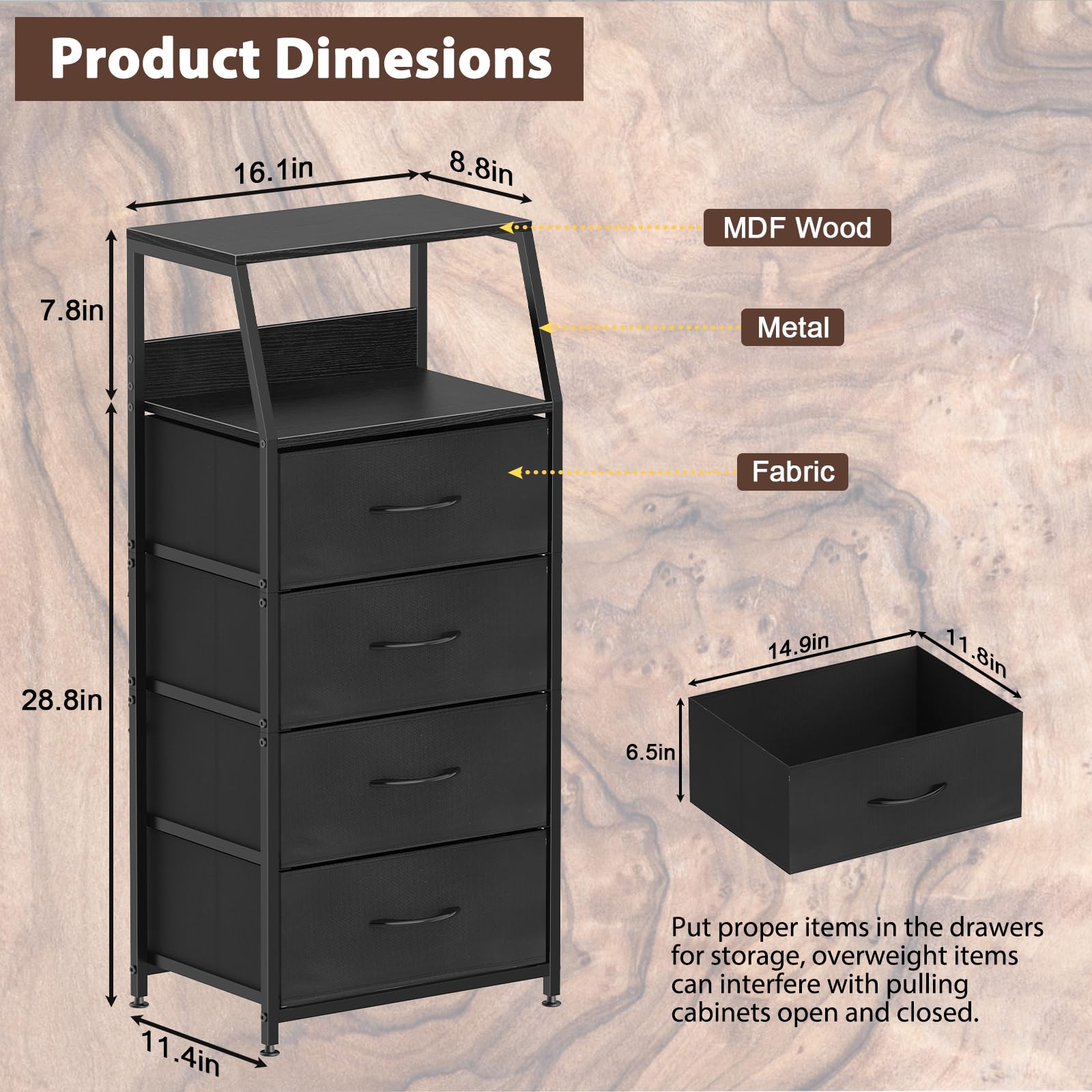 OGEMXU Nightstand with Drawers, Small Dresser with 3 Fabric Drawers, 2-Tier Shelf Bedside Table Storage and Organization, End Table Storage Shelf for Small Space, Bedroom, Apartment, Black