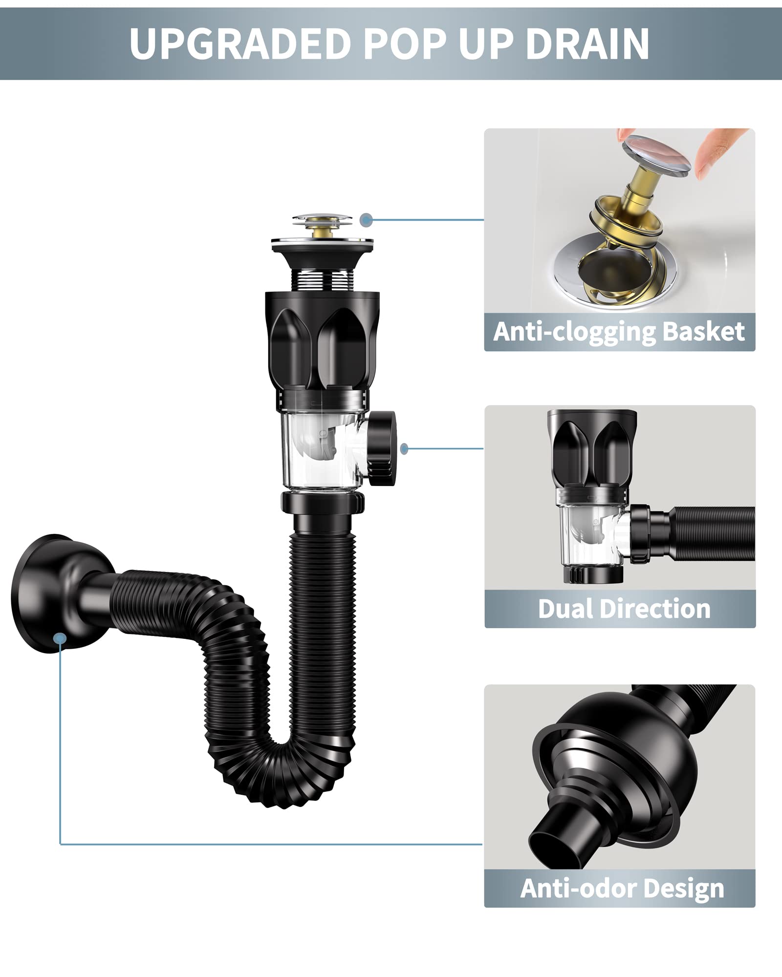 KKDFTU® 2 in 1 Bathroom Sink Drain Kit with Flexible & Expandable P-Trap, Suitable for 1-1/2'' Drain Hole, Pop Up Drain with Built-in Anti-Clogging Stopper Fits Overflow or No Overflow Vessel Sink