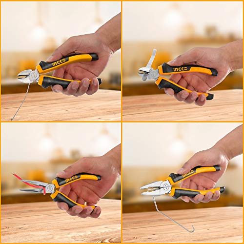 INGCO Pliers Tool Set, 3pcs Small Plier Set, 8 Inch Combination Pliers, 6 Inch Diagonal Cutting Pliers, 6 Inch Needle Nose Pliers HKPS08318