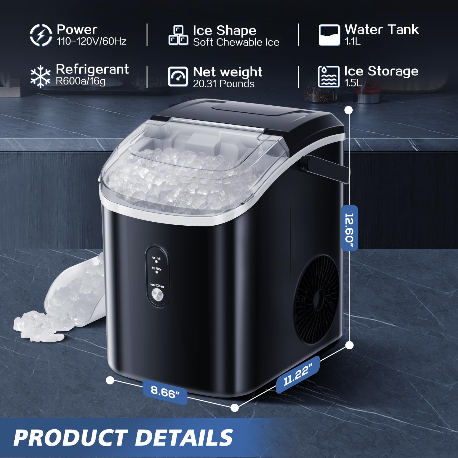 Nugget Ice Makers Countertop, Crushed Ice Maker with Handle,35Lbs/24H,Soft Chewable Ice, Pebble Ice Maker with Self-Cleaning, Ice Scoop and Ice Basket,for Home,Office,Kitchen（Inkiness）