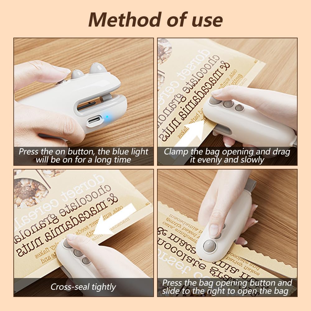 Mini Bag Sealer,Upgrade 2 in 1 USB Rechargeable Food Bag Sealer,Sealing Machine Heat Seal Tool,Portable Handheld Heat Vacuum Sealer for Plastic Bags Snack Bag (A-White)