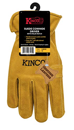 Kinco Unlined Suede Cowhide Leather Work Gloves with Reinforced Palm Patch, Large