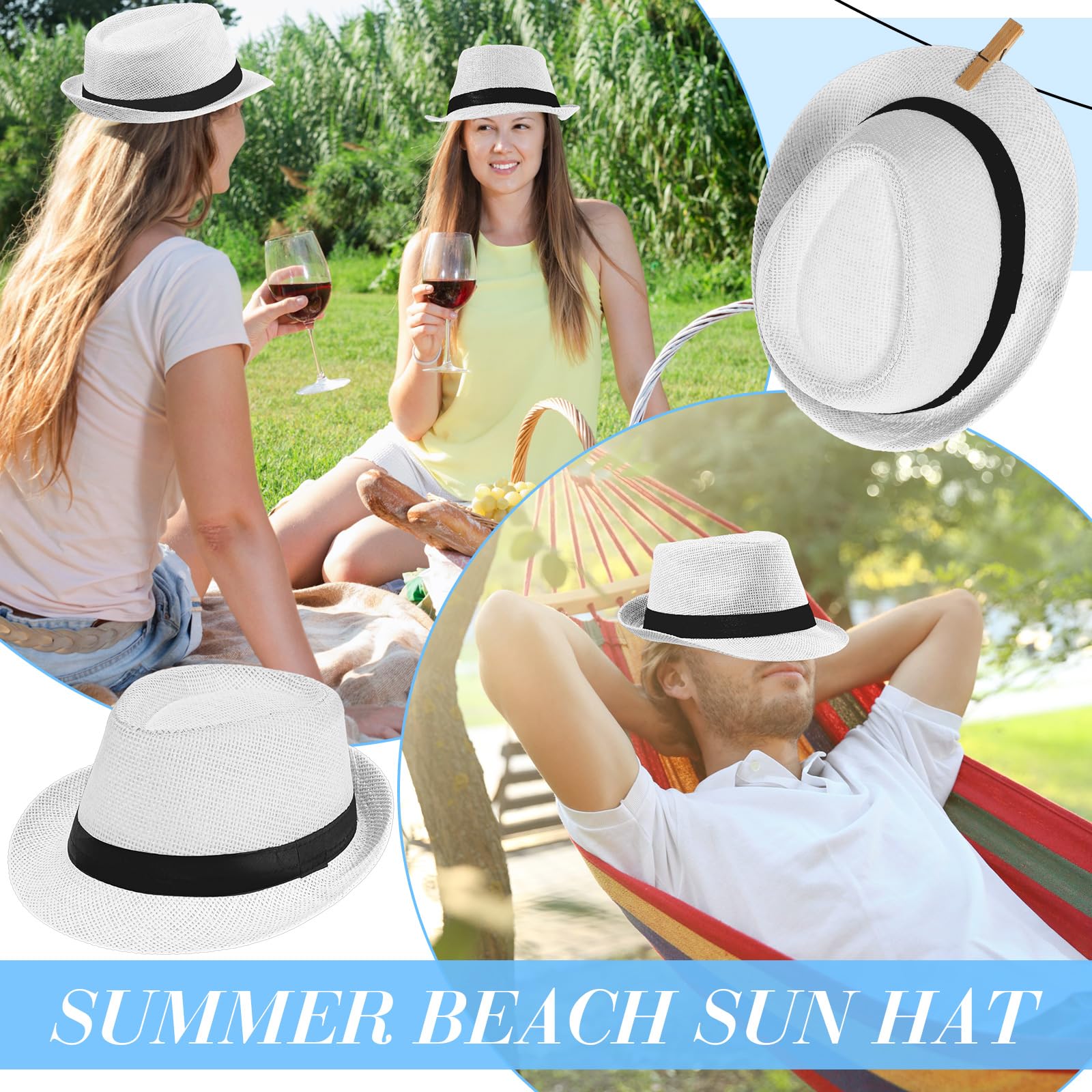 Hicarer Straw Hats Bulk Beach Sun Hats Pork Pie Packable Wide Brim Hat Woven Hat for Men Women Wedding Beach Party(24 Pcs, Milk White)