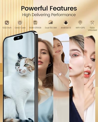 Echoamo A14 Pro Max Cell Phone, 5G Unlocked Smartphone 6GB+256GB Smartphone Android 13, 6000mAh Battery, 6.82" FHD+ Display 120Hz 64MP Camera, Dual SIM Octa-Core Phone GPS/Fingerprint/Face ID 5G Black