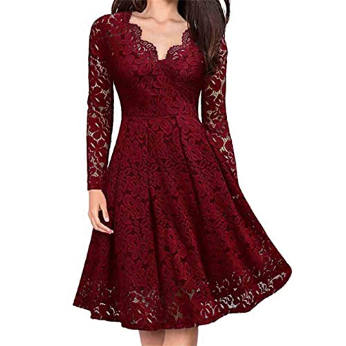 Flower Lace Swing Dress for Women Solid Color Splicing A-Line Dress Long Sleeve Deep V-Neck Loose Midi Dress