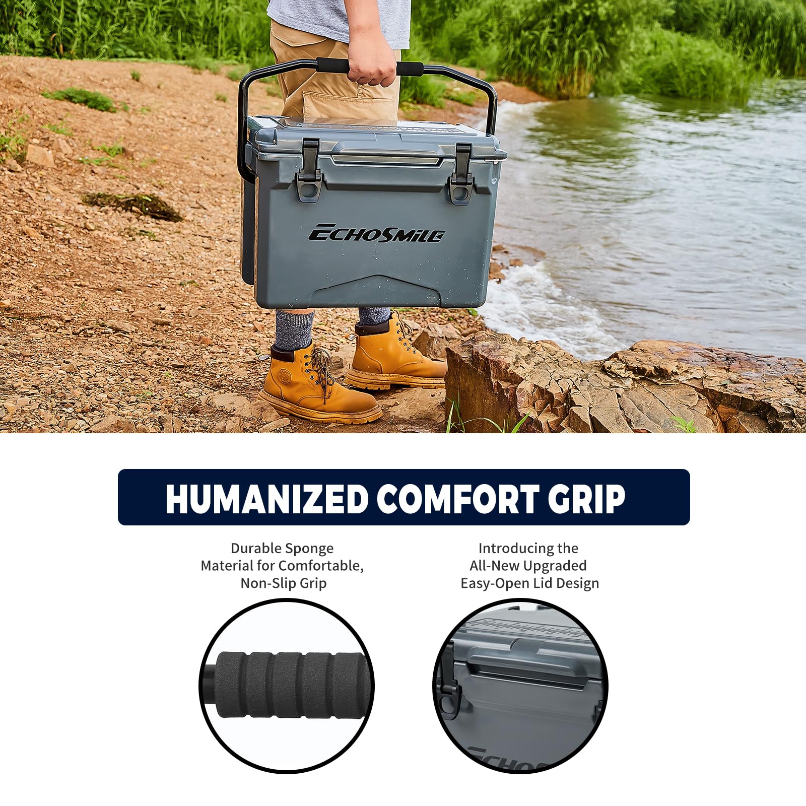 EchoSmile Insulated Portable Cooler 12/18/25 Qt, Rotomolded Cooler with Sealing Ring, Lightweight Ice Chest Box, Hard Cooler for BBQ, Beach, Drink, Camping, Picnic
