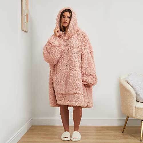 Sienna Fluffy Long Fibre Fleece Sherpa Lined Super Soft Hoodie Blanket Adults Oversized Giant Christmas Jumper Gift Throw - Blush Pink