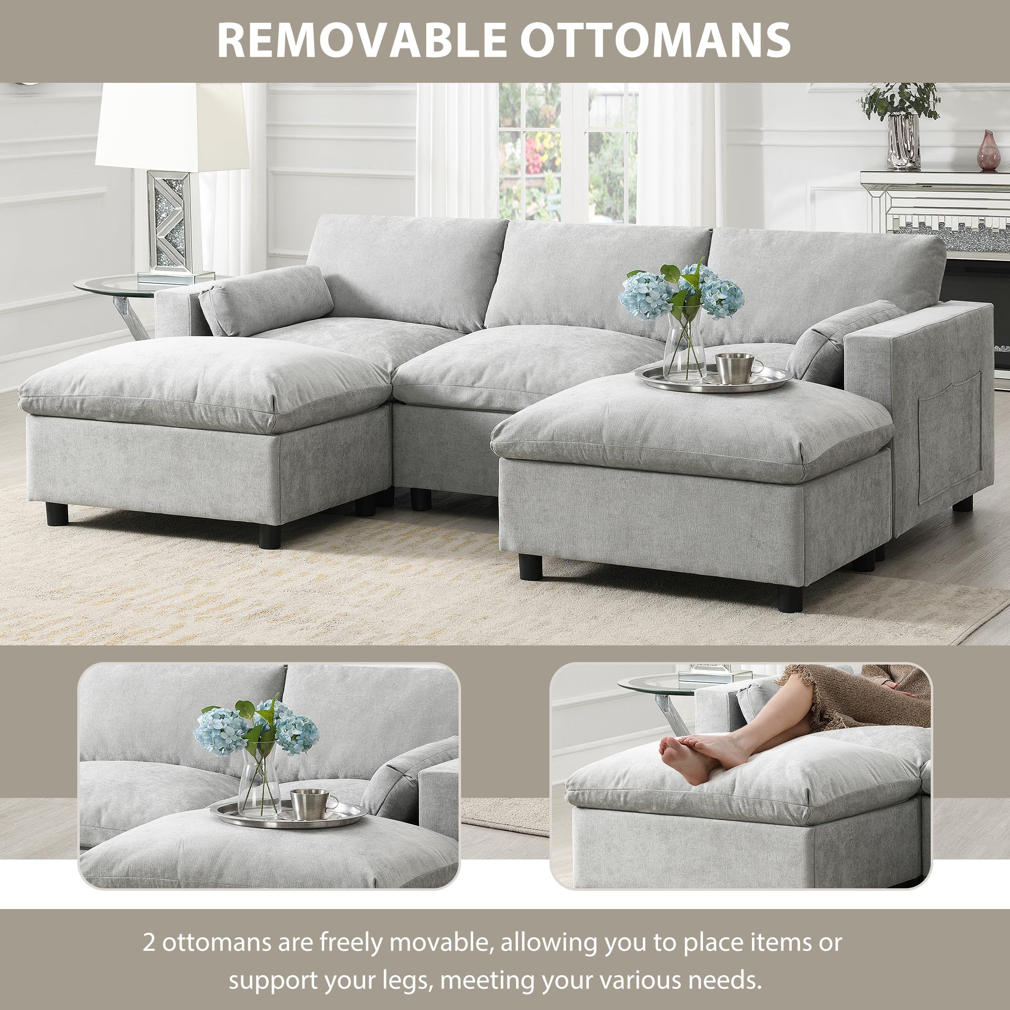 Merax 86.5" Sectional Sofa with Storage Pockets & Removable Ottomans, 5 Seat U Shaped Sleeper Cloud Couch Set, Convertible L-Shaped Chenille Upholstered SofaBed for Living Room and Apartment, Grey