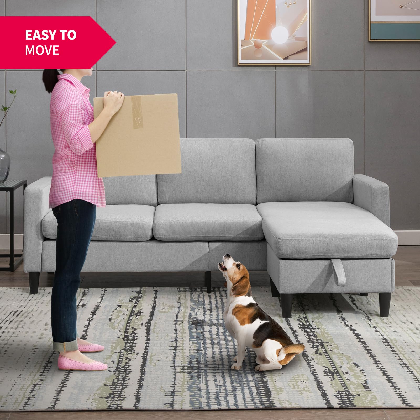 MUZZ 85" Oversize Modular L-Shaped Sofa with Storage Chaise,Combination Sofa with Movable Ottoman and Modern Linen Fabric,3-Seat Sectional Couch for Living Room and Office,Light Grey