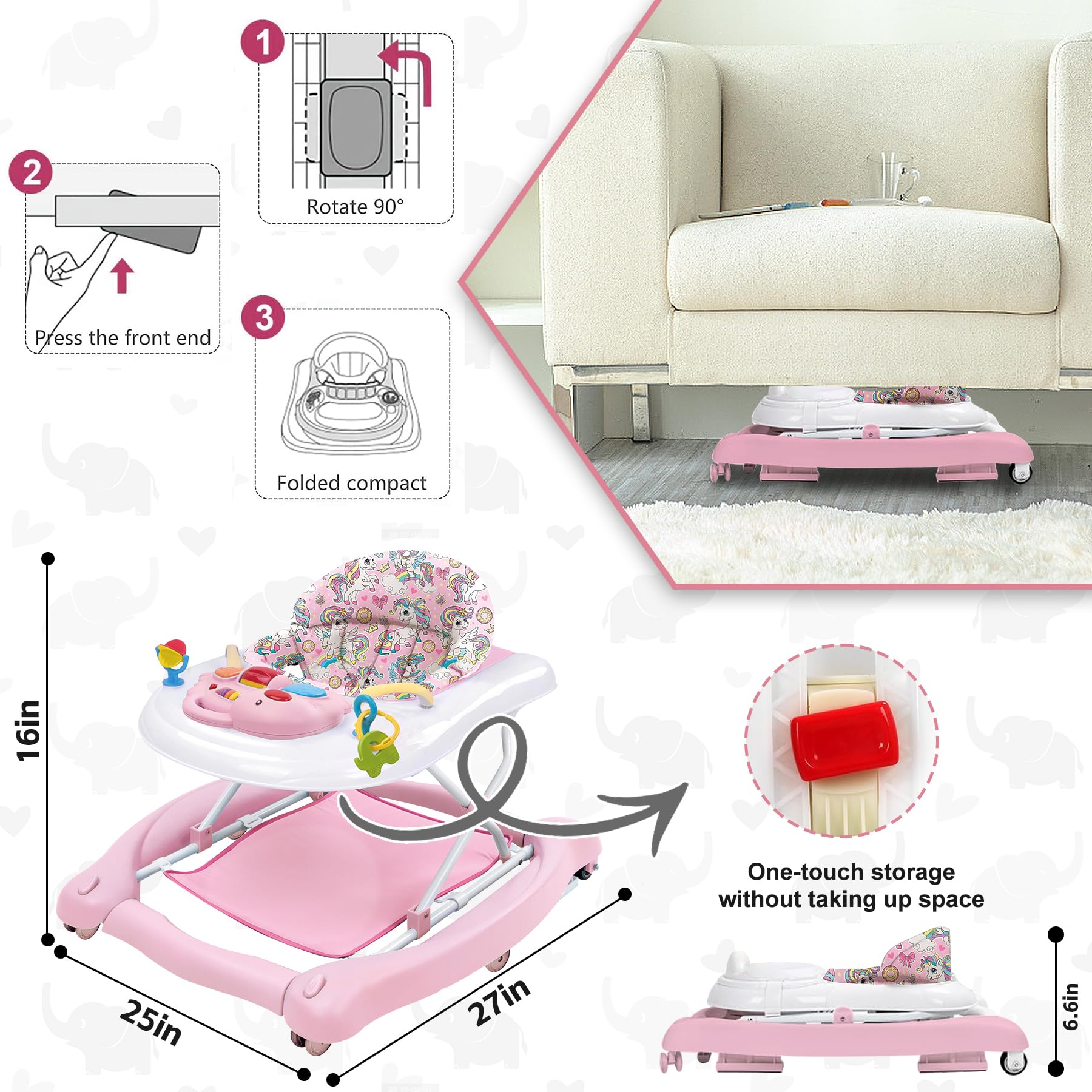 Foldable Baby 5-in-1 Activity Walker - Rocker, Activity Center, Bouncer, Seat Walker, Push Walker - Adjustable Speed Rear Wheels and Height Toys Ages 6-18 Months… (Pink)