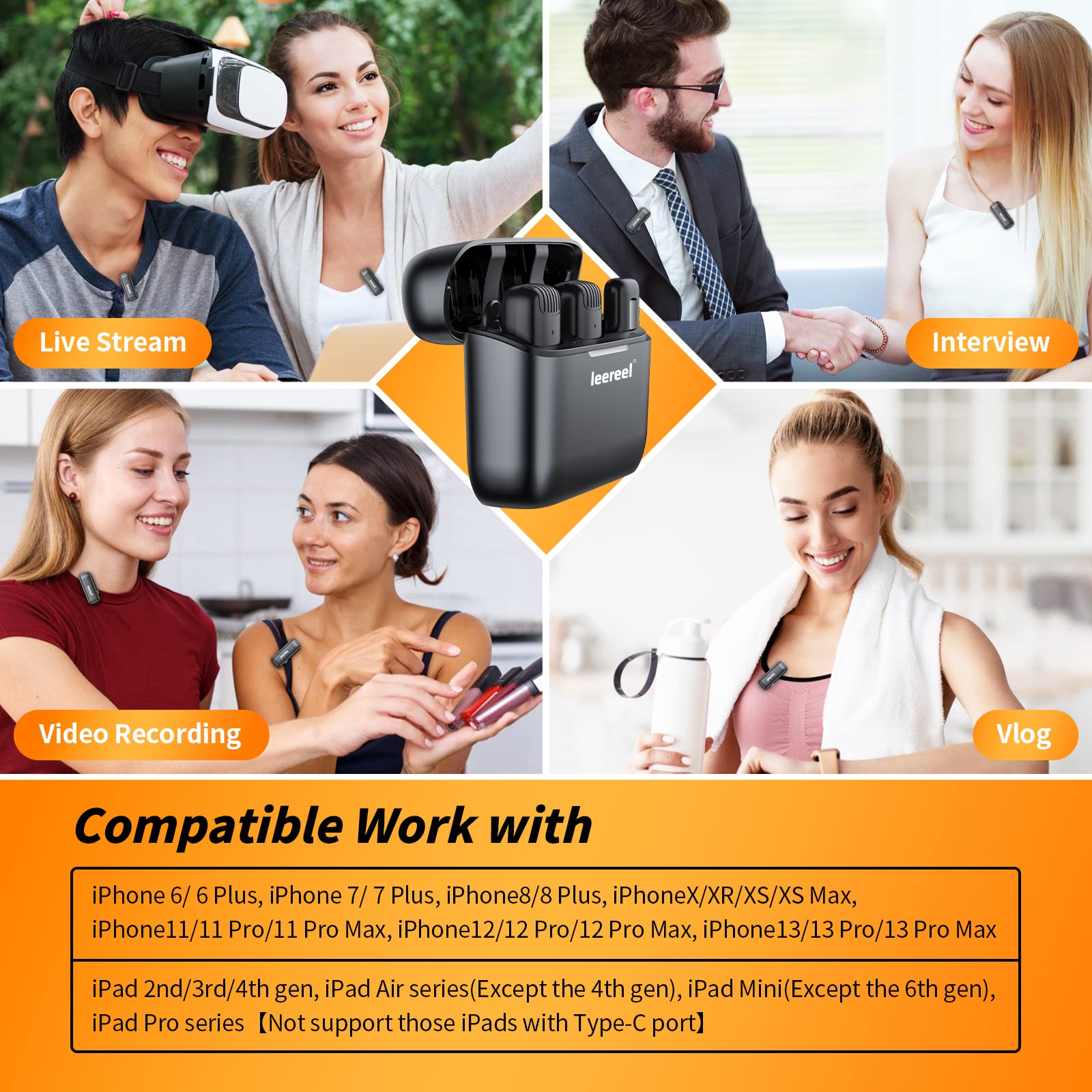 Leereel 2 Pack Wireless Lavalier Microphones for iPhone iPad, Plug-Play Lapel Mics with Charging Case for Video Recording, Tiktok, Live Stream, Vlog - Noise Reduction, No APP & Bluetooth Needed