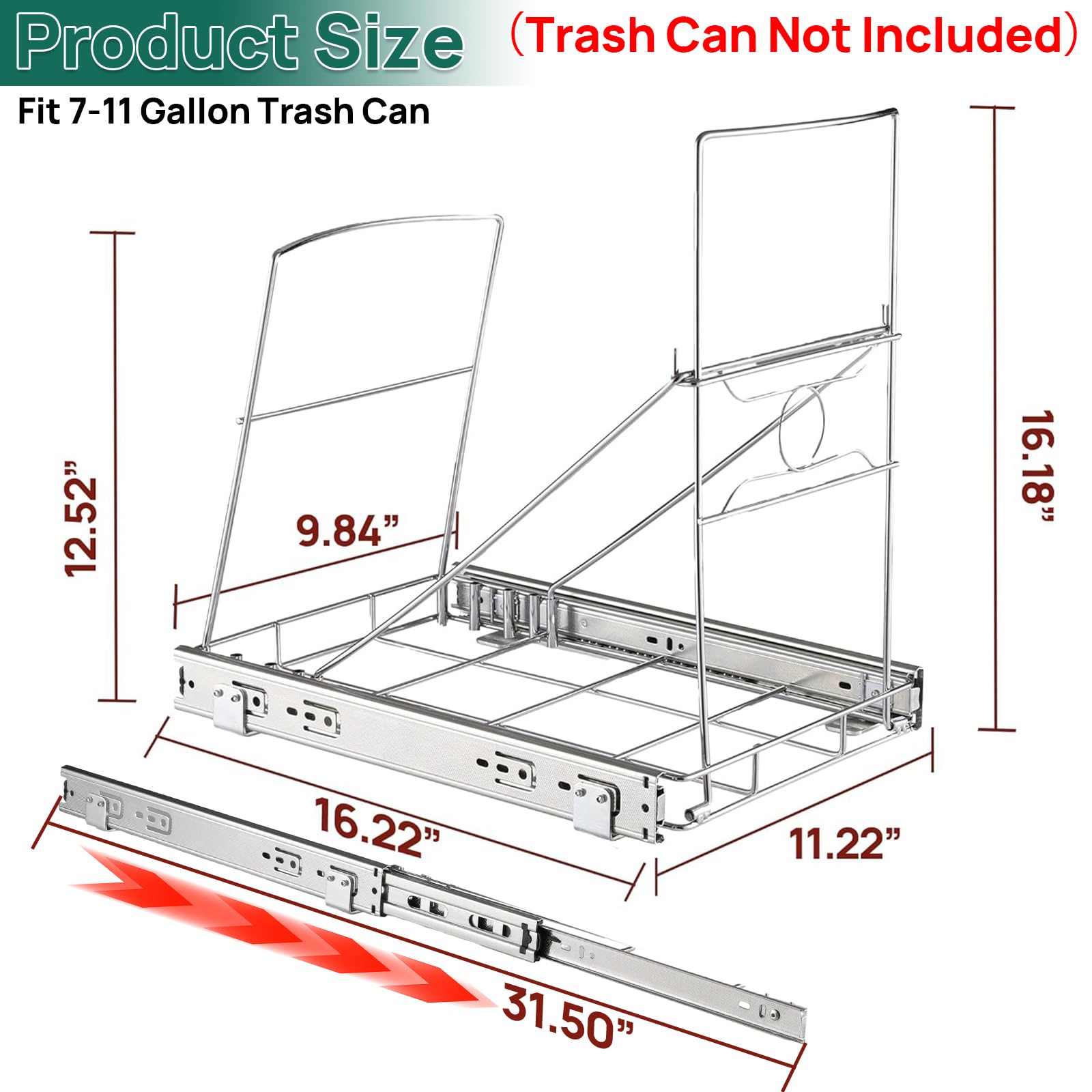 Pull Out Trash Can, Stainless Steel Kitchen Adjustable Trash Slide Out Shelf, Cabinet Trash Can Pull Out Kit, Fit 7-11 Gallon Garbage Can (Trash Can Not Included, Silver)