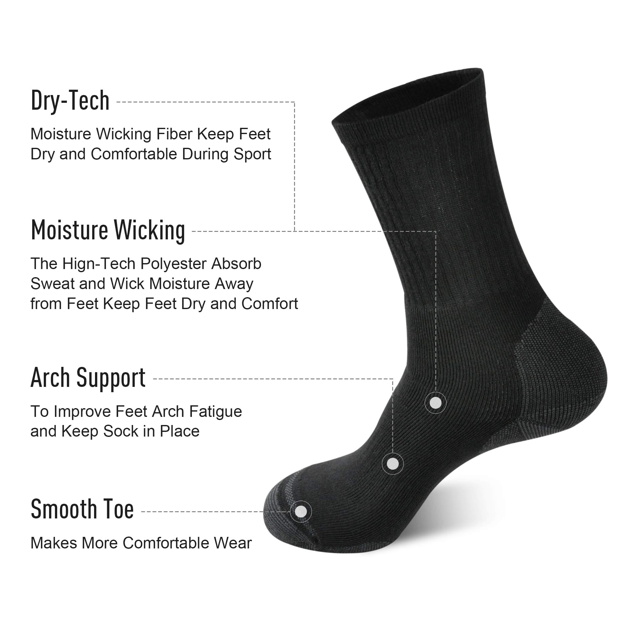 ECOEY Men's Work Boots Athletic Running Crew Socks, Dry-Tech Moisture Wicking Heavy Cushion 8 Pairs (Black, 9-11)