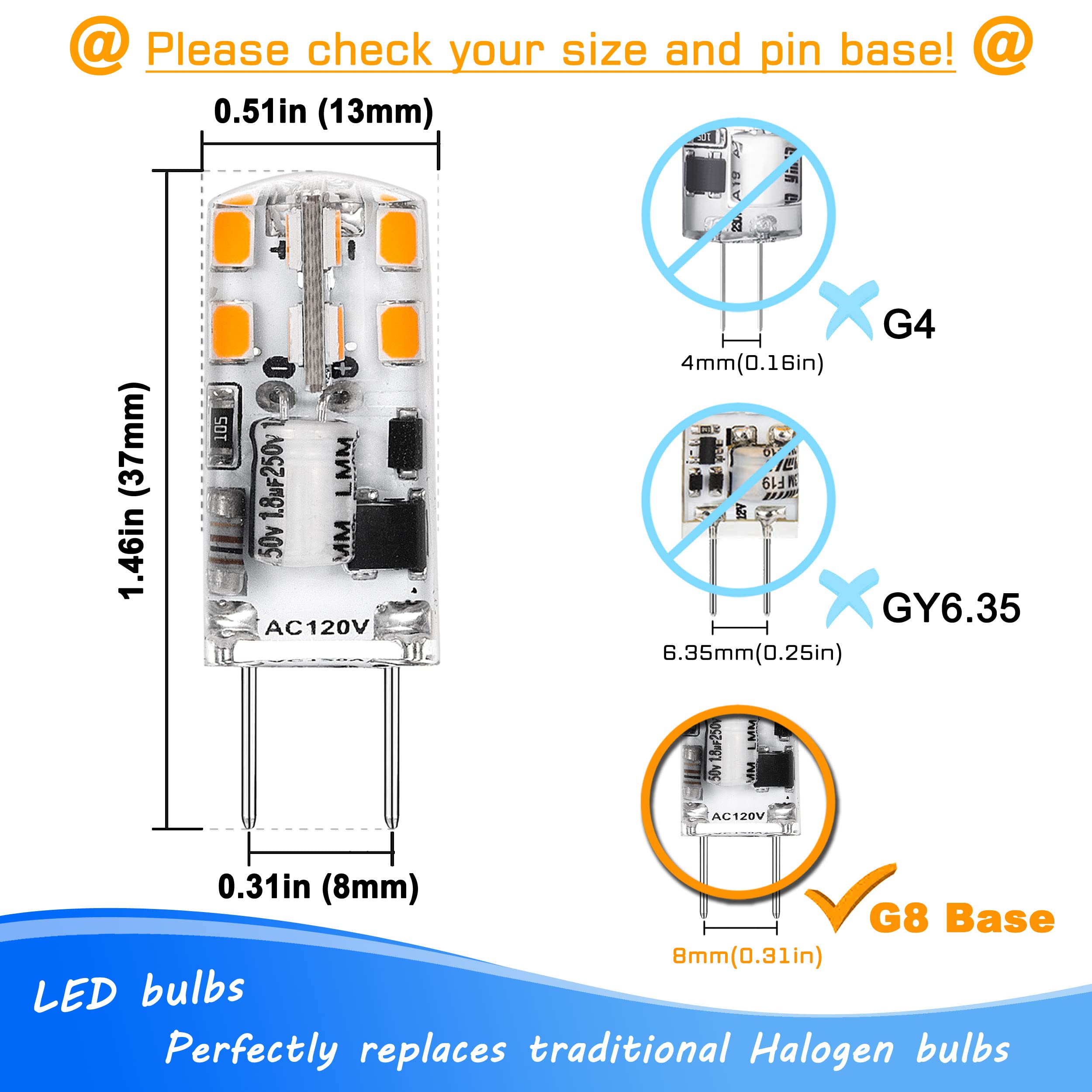 Heifymi 0-100% Dimmable No Flicker G8 Led Light Bulbs 20W 25W Halogen Equivalent,120V G8 Base 2Pin Led Bulb 3W T4 JCD Type 2700K Warm White for Under Cabinet Counter Puck Lighting,6Pack