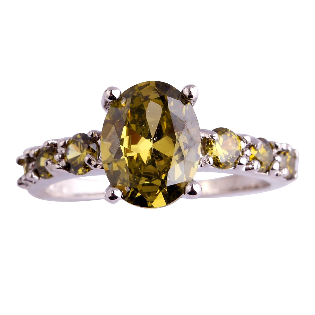 Emsione 925 Silver Plated Oval Created Peridot Promise Eternity Women's Band Rings Color Green Size 7