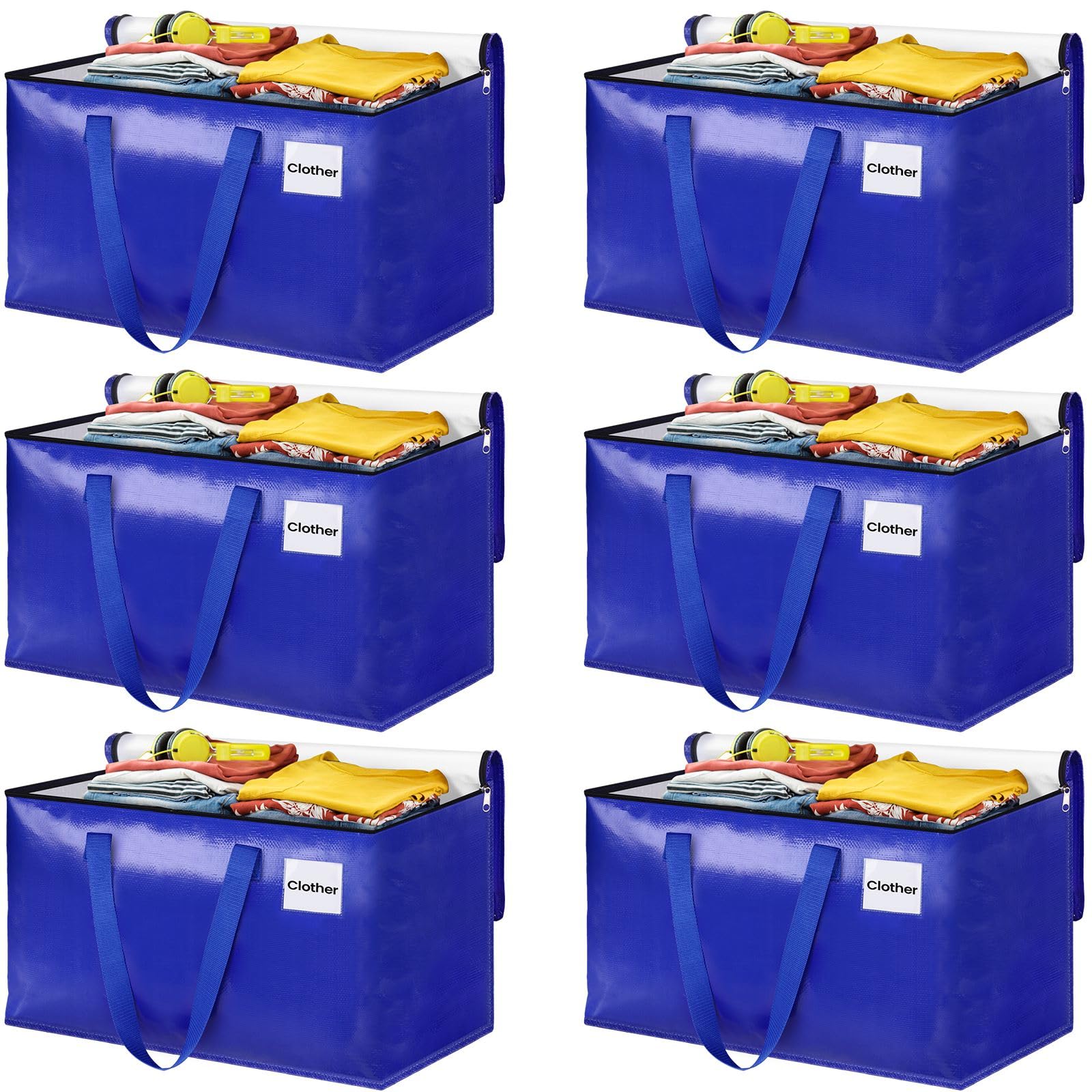 EpicTotes Moving Bags, Storage Bags with Sturdy Handles and Heavy Duty Zippers, Storage Totes for Space Saving, Moving & Storage, Collapsible Moving Supplies(100L, 6-Pack, Blue)