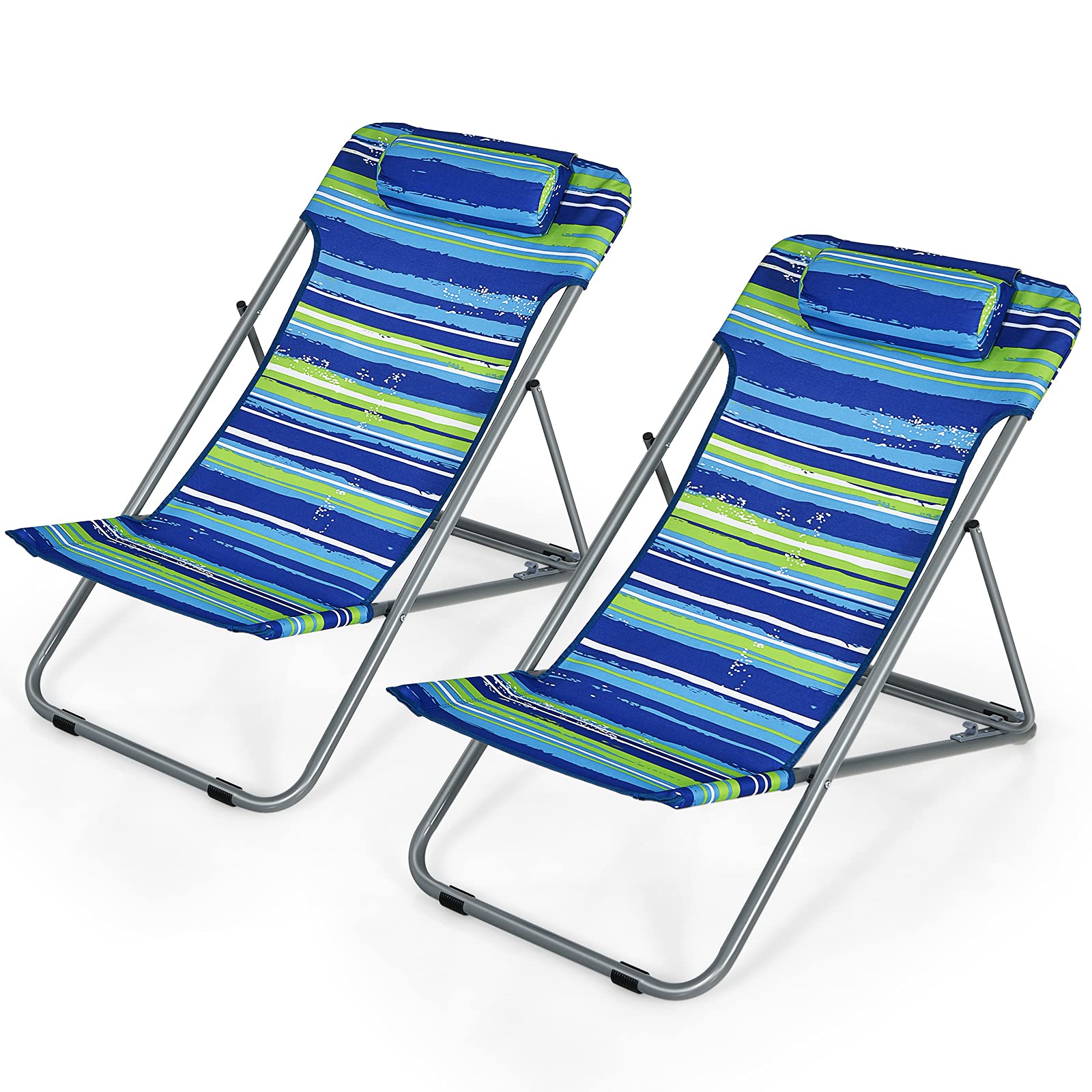 Giantex Beach Chair for Adults Camping Chair Set, Sunbathing Backpack Folding Recliner with 3 Adjustable Position, Lockable System, Headrest, Non-Slip Foot Pads, Lightweight Sand Chair (2, Green)