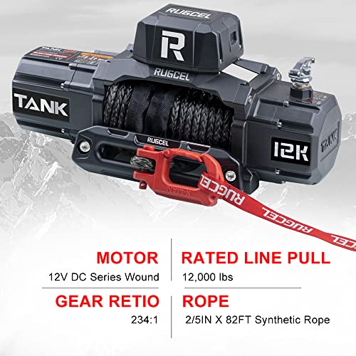 RUGCEL WINCH 12000lb New Waterproof Electric Synthetic Rope Winch 12V with Hawse Fairlead, 2 in 1 Wireless Remote,Black Rope,for Truck SUV