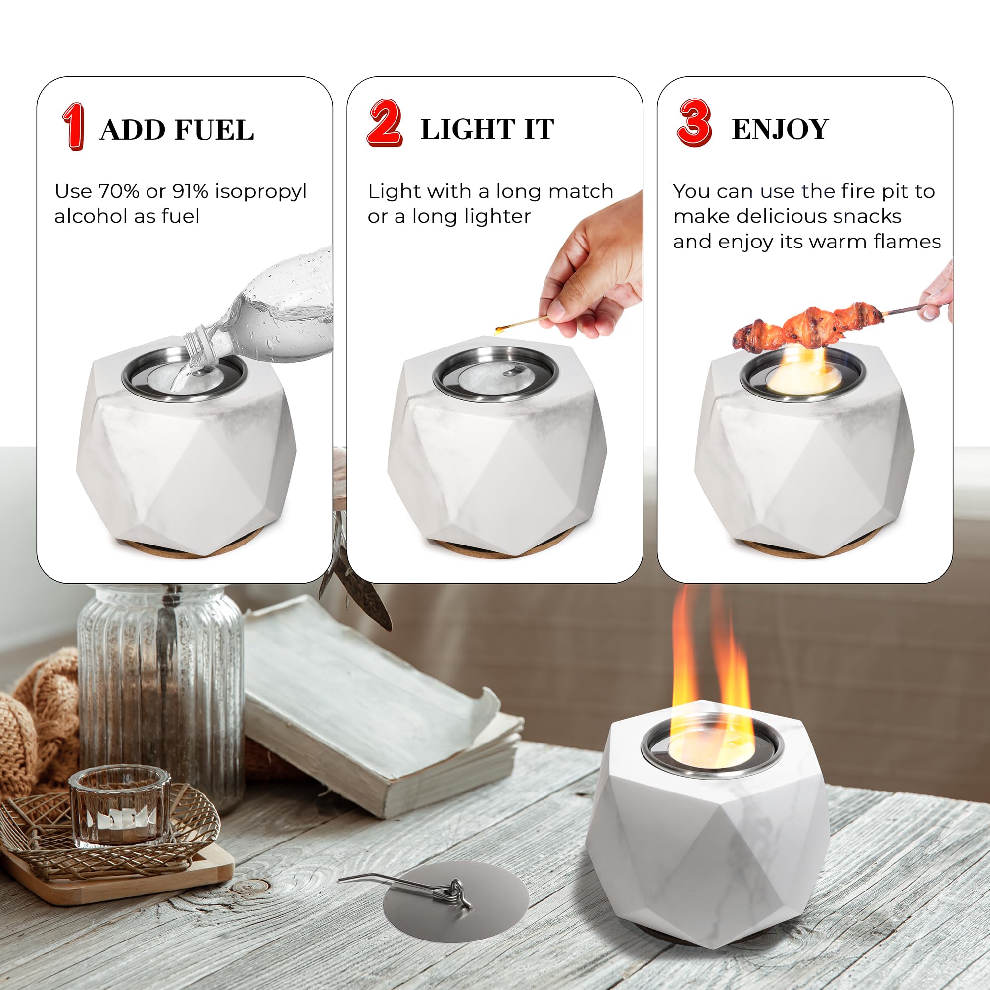 Hexagonal Concrete Tabletop Fire Pit - Indoor/Outdoor Smokeless Fire Pit with 2 Stainless Steel Chambers Burns Rubbing Alcohol, Bio Ethanol Fuels - Table Top Fire Pit Bowl/Mini Tabletop Fireplace