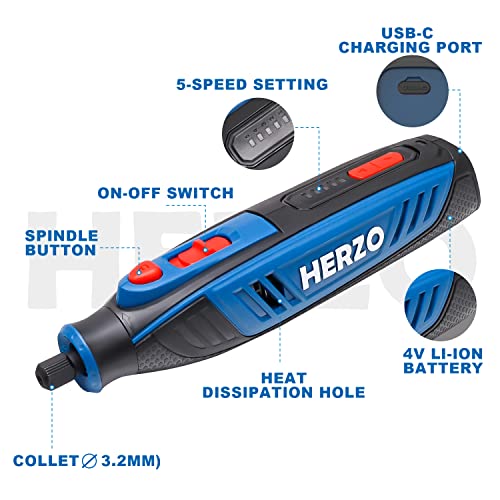 HERZO 4V Cordless Rotary Tool, Rotary Tool with 53-Piece Accessories Kit,USB-Charging and 5-Speed Multi-purpose Power Tool for DIY, Drilling, Engraving, Polishing, Carving, Sanding and Cutting