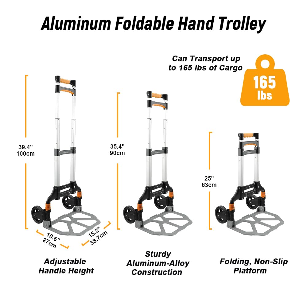 Hoteche Folding Hand Truck - 165Lbs Portable Heacy Duty Cart Dolly - Utility Luggage Cart with Adjustable Handle and PP+TPR Wheels