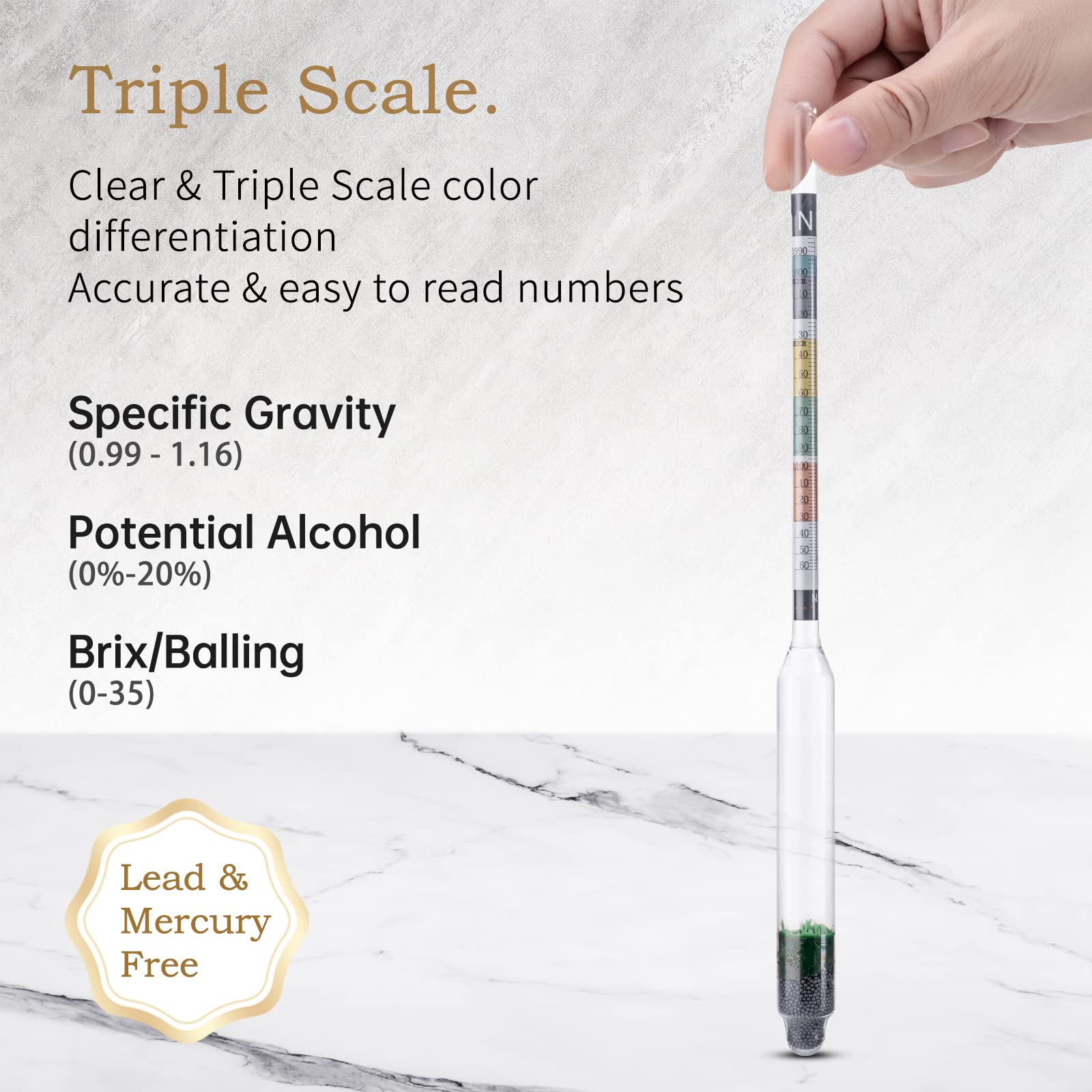 Hydrometer - for Home Brew Beer, Wine, Mead and Kombucha - Exquisite Triple Scale Set, Hardcase and Cloth - Specific Gravity ABV Tester