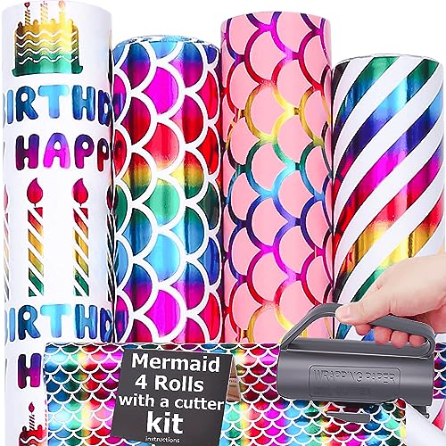THMORT Mermaid Wrapping Paper Roll with a Cutter Kit for Girls&Boys,Kids Birthday Adults, Princess Pink Barbies 17 Inch X 120 Inch Gift Wrapping Paper Colorful Rainbow Happy Birthday wrapper.