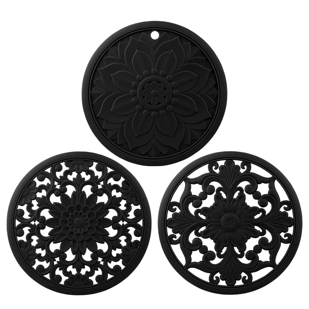 IFFMYJB Silicone Trivets Mats for Hot Pots & Pans & Dishes, Versatile Hot Pad for Kitchen, Multipurpose Heat Resistant Mat for Kitchen Counter, Durable & Flexible Round Silicone Pot Holder Set 3 Black