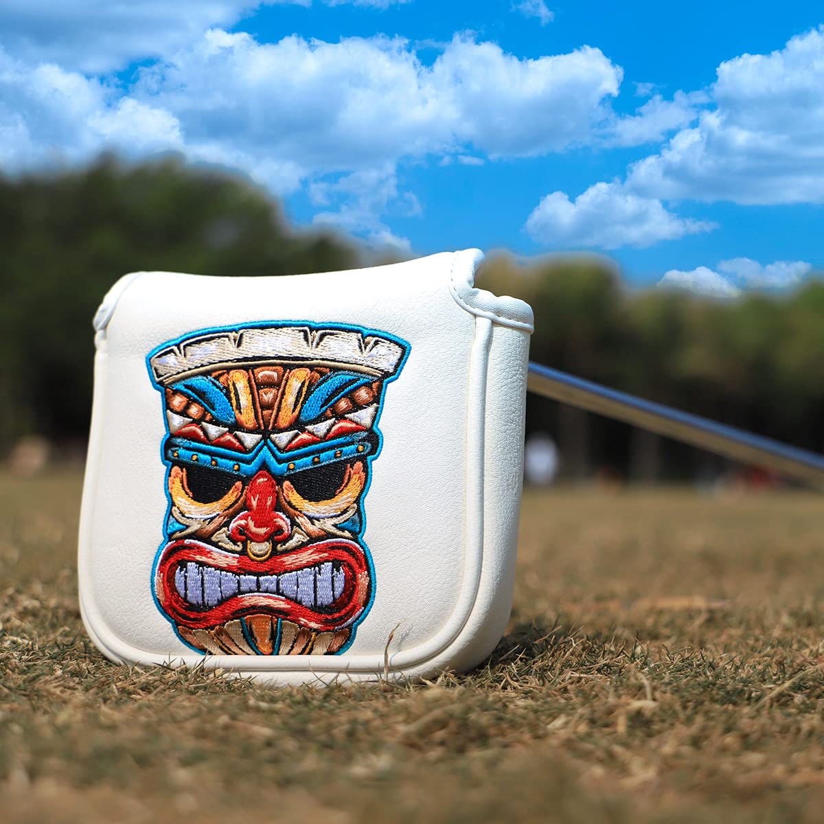 Golf Square Heel Shaft Mallet Putter Cover Headcover, Demon Mask Design Magnetic Closure Elegant Embroidery Premium Leather Headcovers