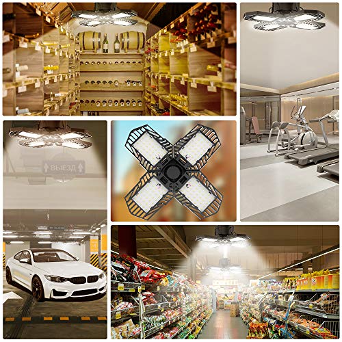 LEDIARY 2 Pack LED Garage Light, 80W Deformable Garage Ceiling Lights with 4 Adjustable Panels, 8000LM Screw in LED Tri Light for Attic, Basement - E26/E27 Base